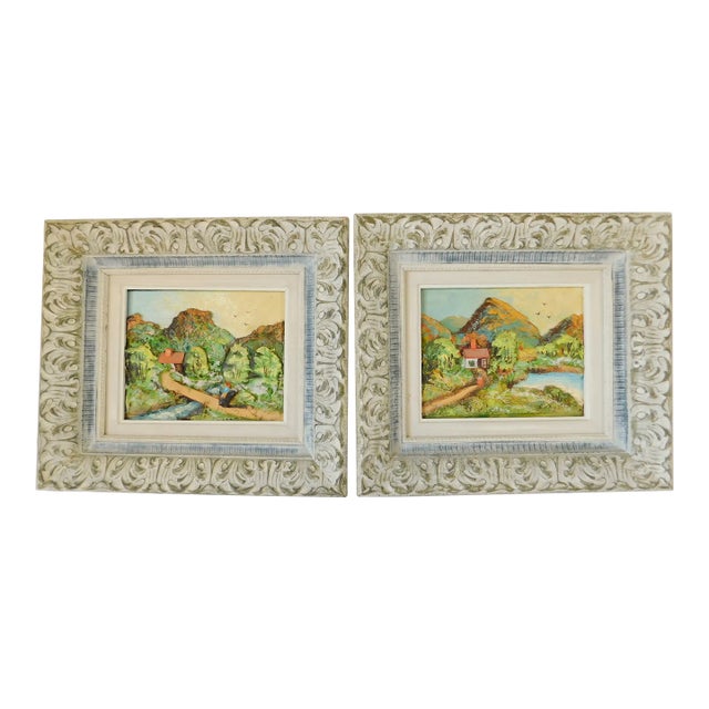 Pair Vintage Mid Century Raised Paper Mache Landscape Painting on Board ...
