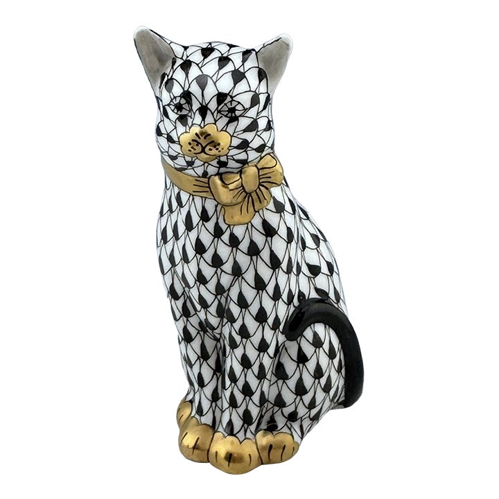 Vintage Herend Cat Black Fishnet Figurine | Chairish