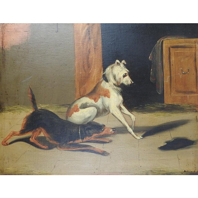 Antique Late 19th Century Dogs in Barn Painting | Chairish