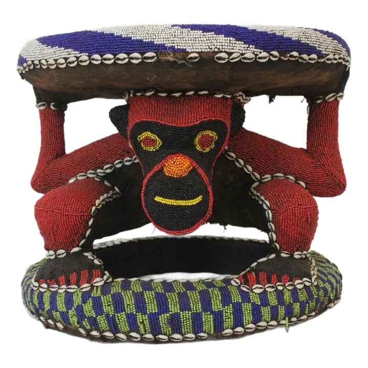Vintage Late 20th Century Nigerian Beaded Monkey Stool | Chairish