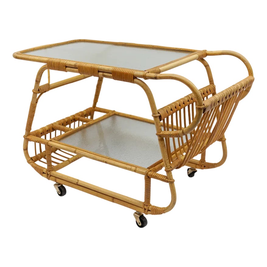 Italian Serving Trolley in Bamboo Rattan and Glass, 1950s | Chairish