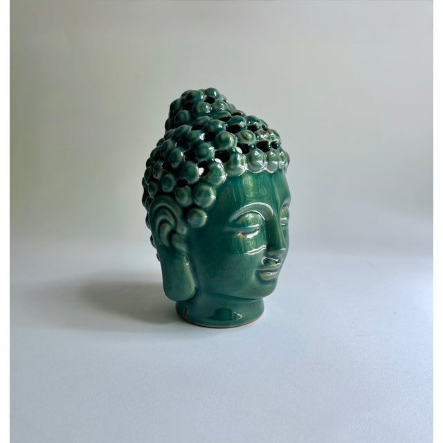 Vintage Pierced Glossy Green Glazed Ceramic Buddha Head | Chairish