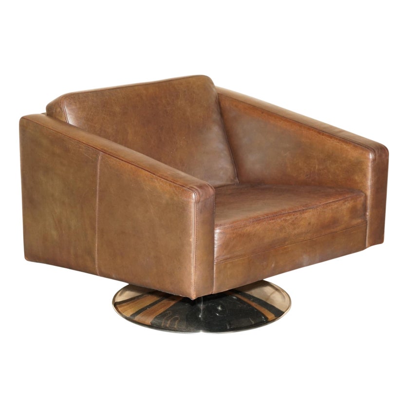Vintage Heritage Swivel Lounge Armchair in Brown Leather with Chrome ...