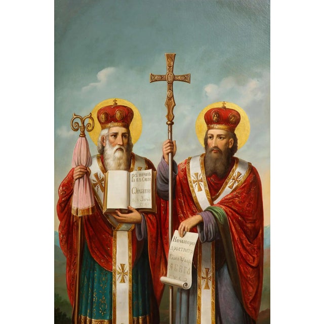 19th Century Slavic School Large Oil Painting "Saints Cyril and ...