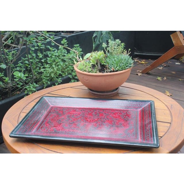 Red & Black Hand-Carved Wooden Tray | Chairish