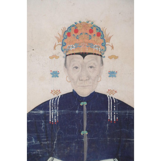 Framed Chinese Pen and Ink Ancestor in Navy Robes Portrait | Chairish