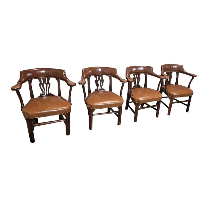Mid 20th Century George III Mahogany & Brown Leather Arm Chairs Smoking ...