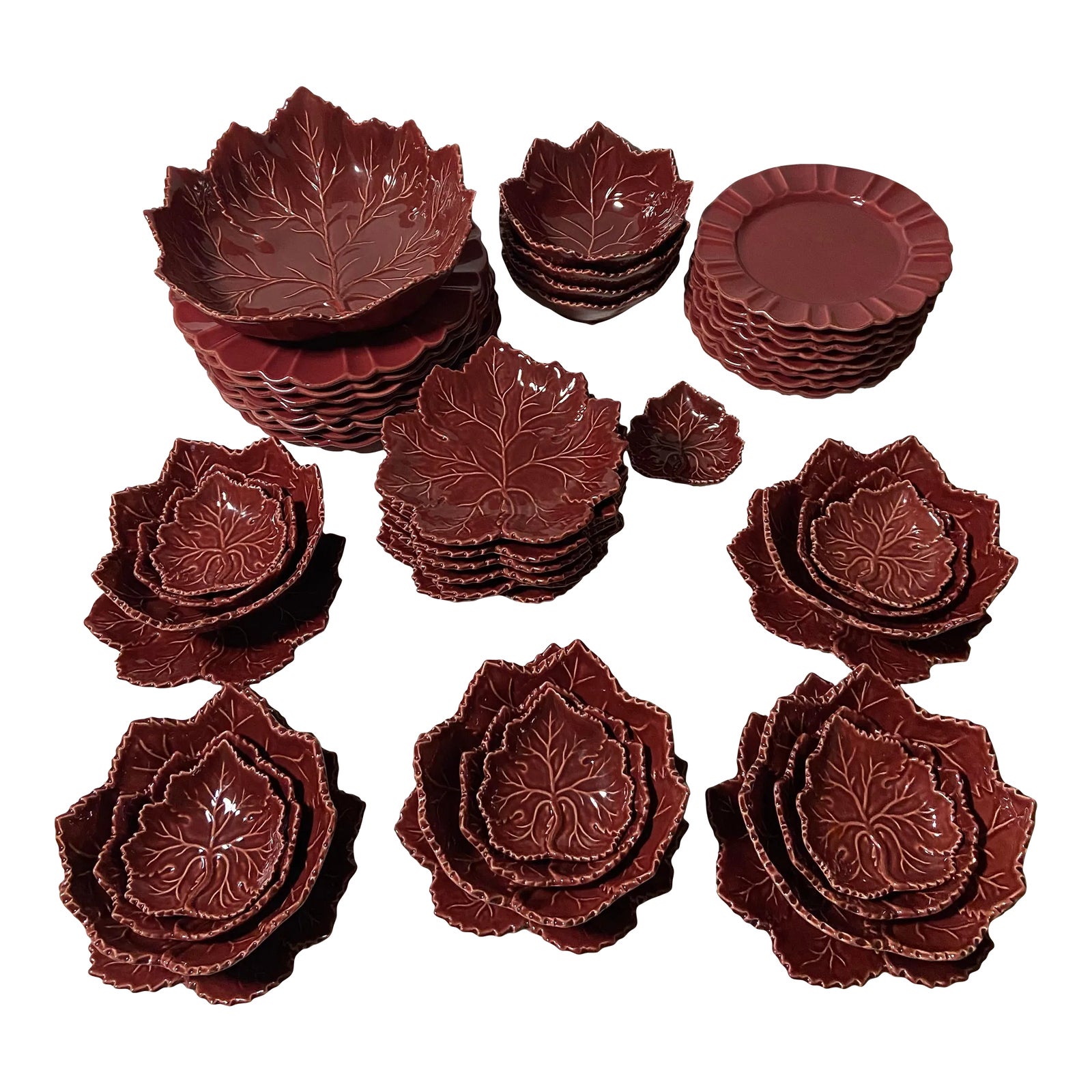 Vintage Portugal Majolica Cabbage Ware Dinnerware Set- 48 Pieces | Chairish