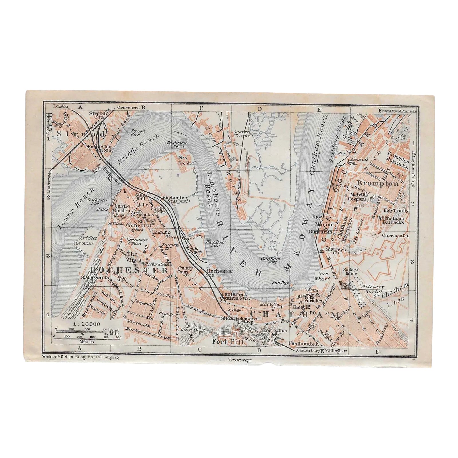 1910 Antique Map of Rochester & Chatham England | Chairish