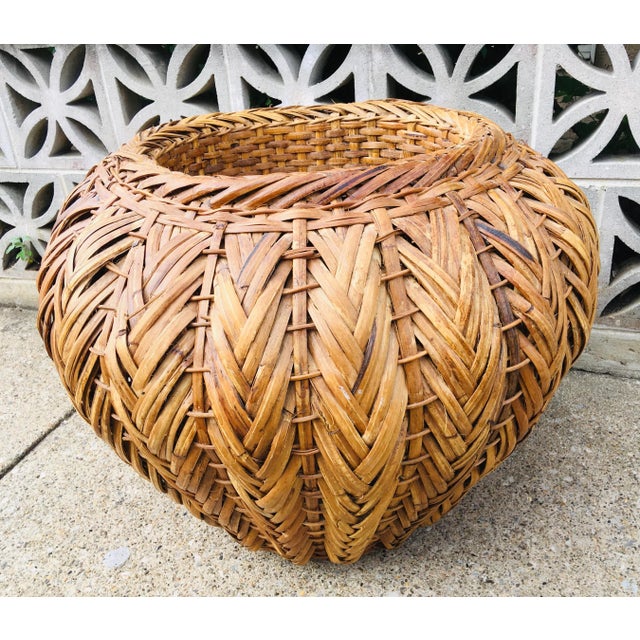 Vintage Boho Chic Large Hand Woven Rattan Basket | Chairish