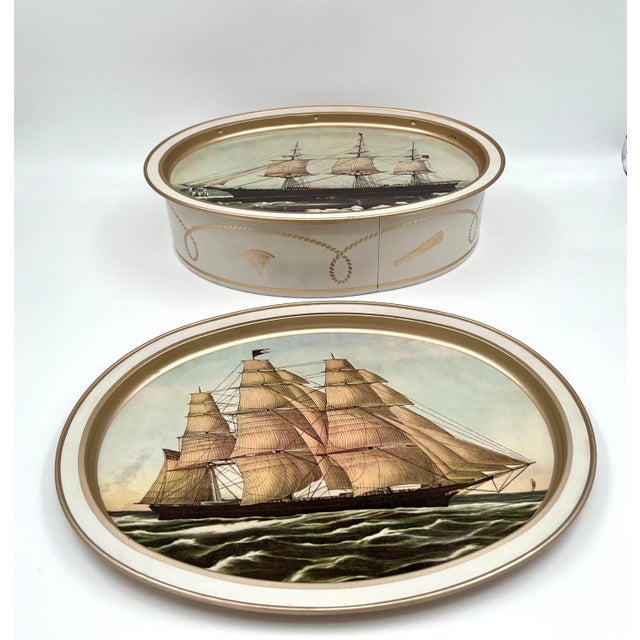 1976 Large Nautical Tole Biscuit Tin Featuring Clipper Ships | Chairish