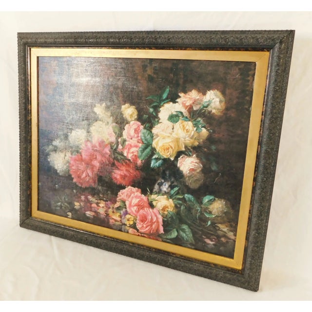 Vintage Floral Roses Print on Board Ornate Carved Wood Frame Wall Decor ...