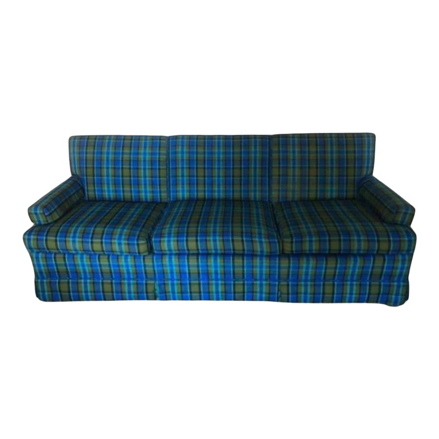 Mid Century Sofa Blue and Green Plaid 3 Seat Sofa | Chairish