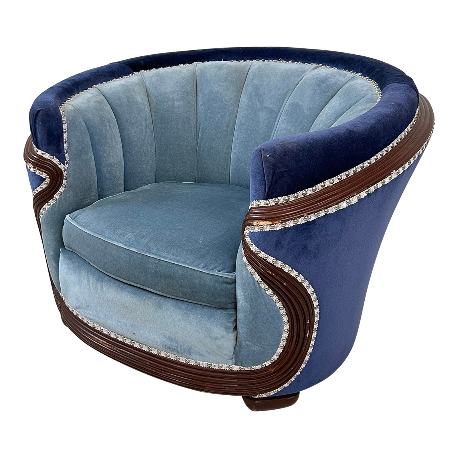 Art Deco Curved Lounge Chair With Wood Trim | Chairish