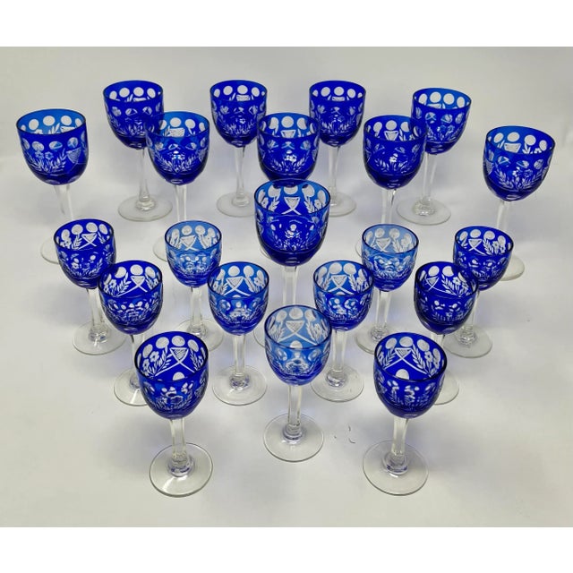 Cobalt Blue Cut Czech Crystal Hock Wine Glassware Set - 21pc. | Chairish