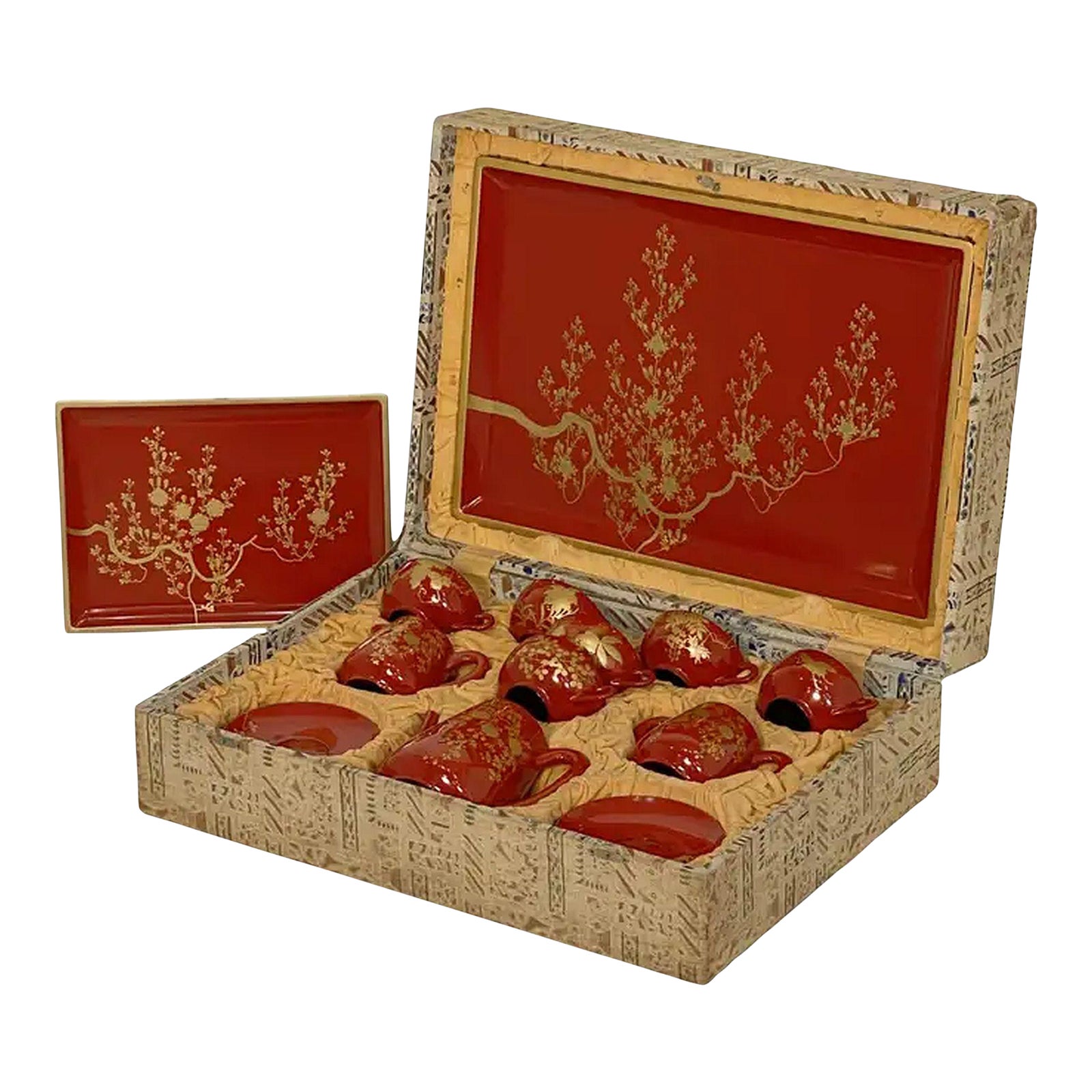 Japanese Lacquer Tea Set and Serving Trays in Original Box | Chairish