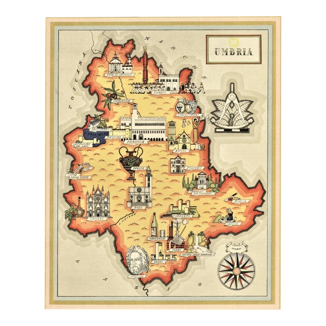 1951 Mid-Century Vintage Pictorial Map of Umbria, Italy. Matted | Chairish
