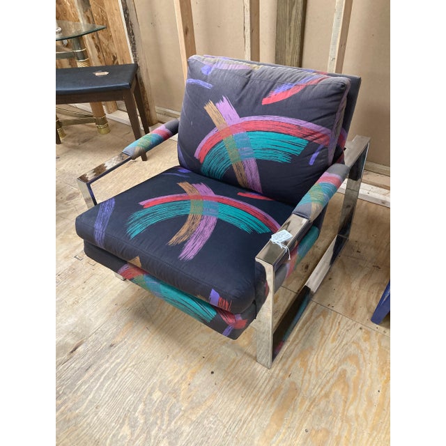 Milo Baughman for Thayer Coggin Flat Bar Chrome Lounge Chair in Original Pop-Art Abstract 1980s ...