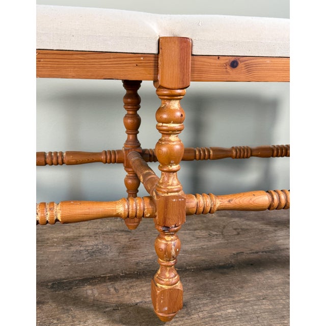 Vintage French Country Style Wood Upholstered Bench With Turned Legs ...