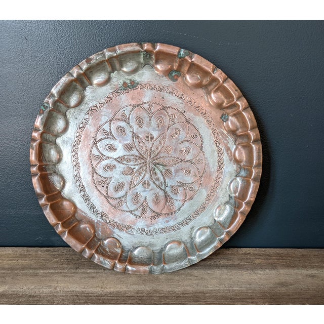 Vintage Moroccan Rustic Worn Silver and Copper Decorative Serving Tray ...