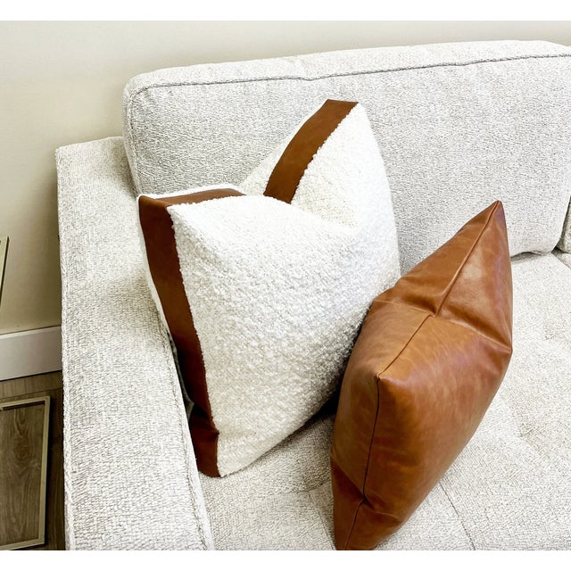 Off White Boucle & Brown Leather Box Throw Pillow With Feather Down ...