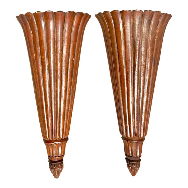 Vintage Boho Ribbed Wood Trumpet Sconces - a Pair | Chairish