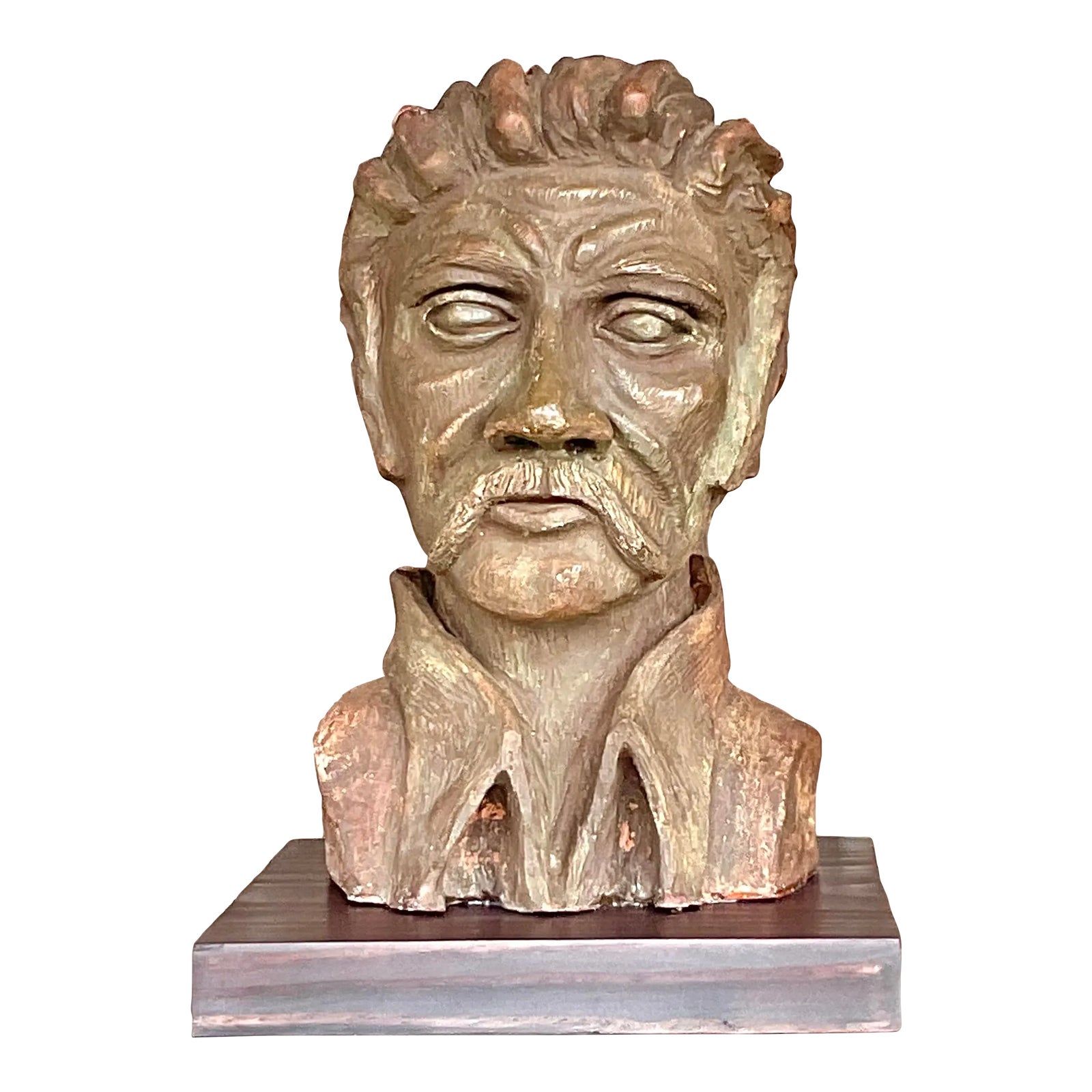 Vintage Boho Sculpted Clay Bust of Man | Chairish