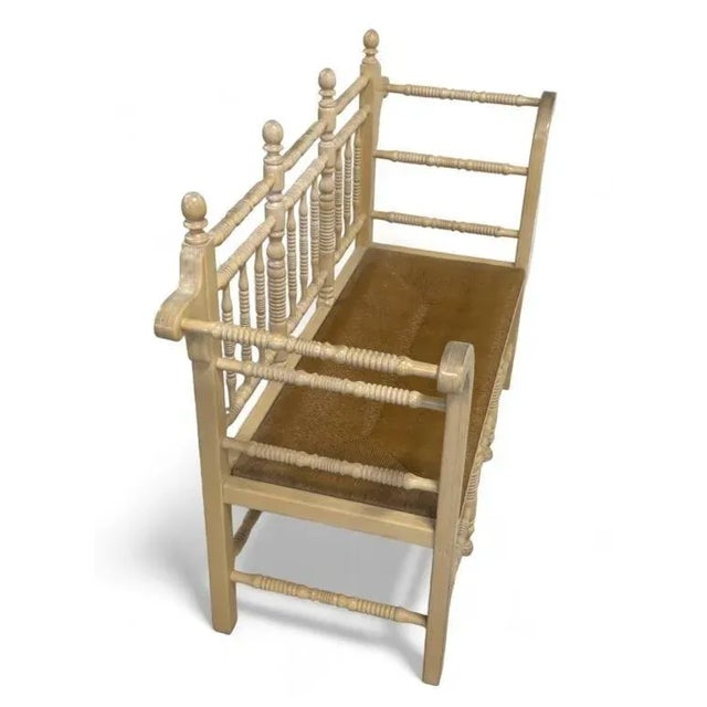 Stick & Ball Rush Seat Limewashed Bench | Chairish