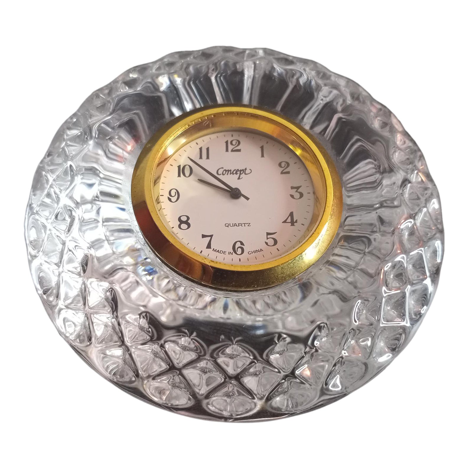 Vintage Clear Cut Crystal Concept Quartz Paperweight Desk Clock | Chairish