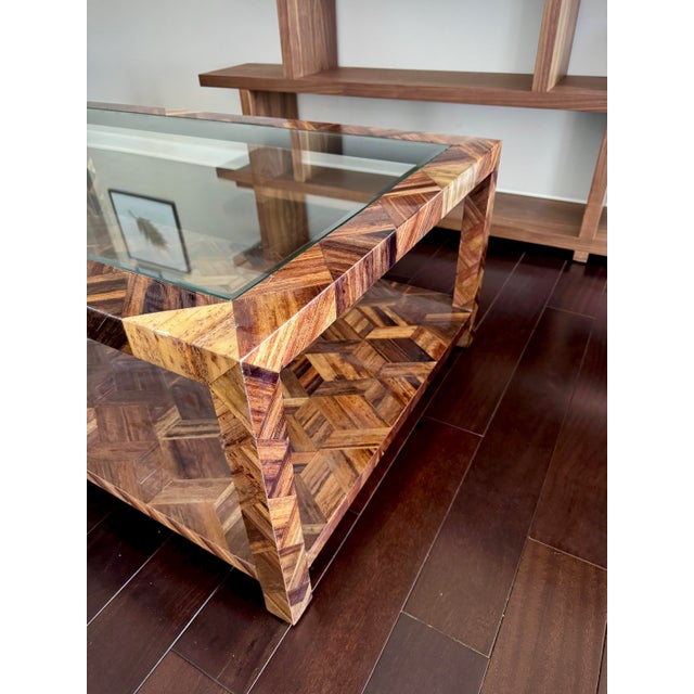 Modern Geometric Pattern Glass Top Brindley Coffee Table With Decor Shelf and Banana Bark Inlay ...