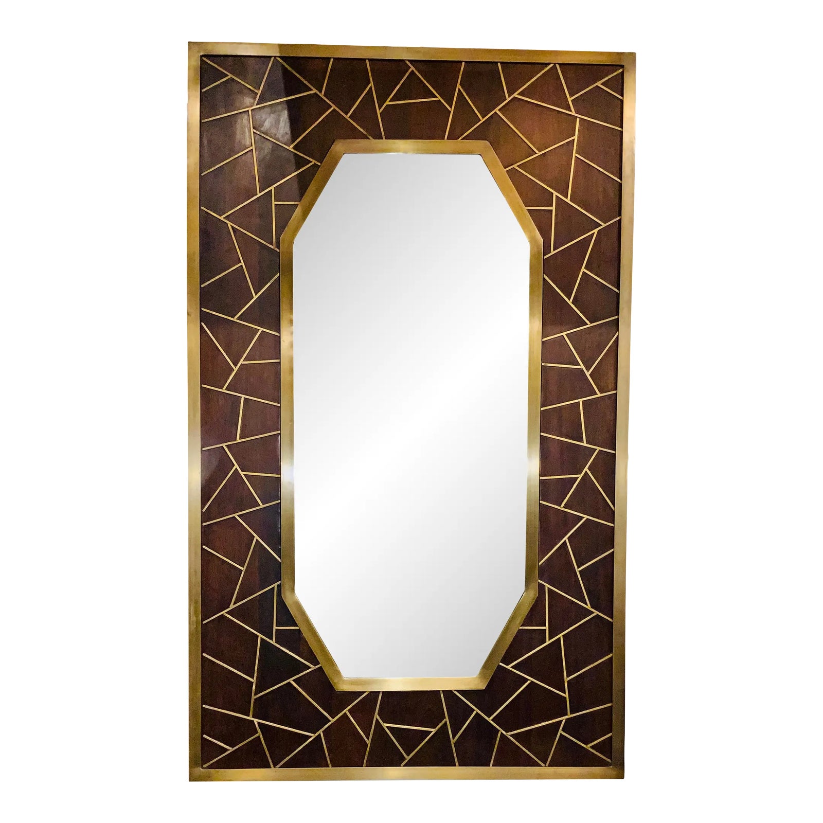 Global Views Modern Geometric Wood and Brass Tangier Wall Mirror | Chairish