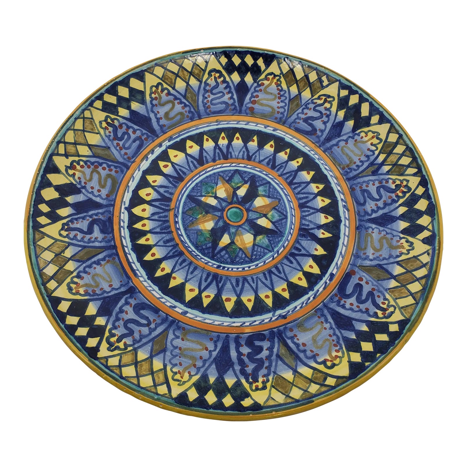 1990s Hand-Painted Geometric Blue Design Decorative Plate by Bristow ...
