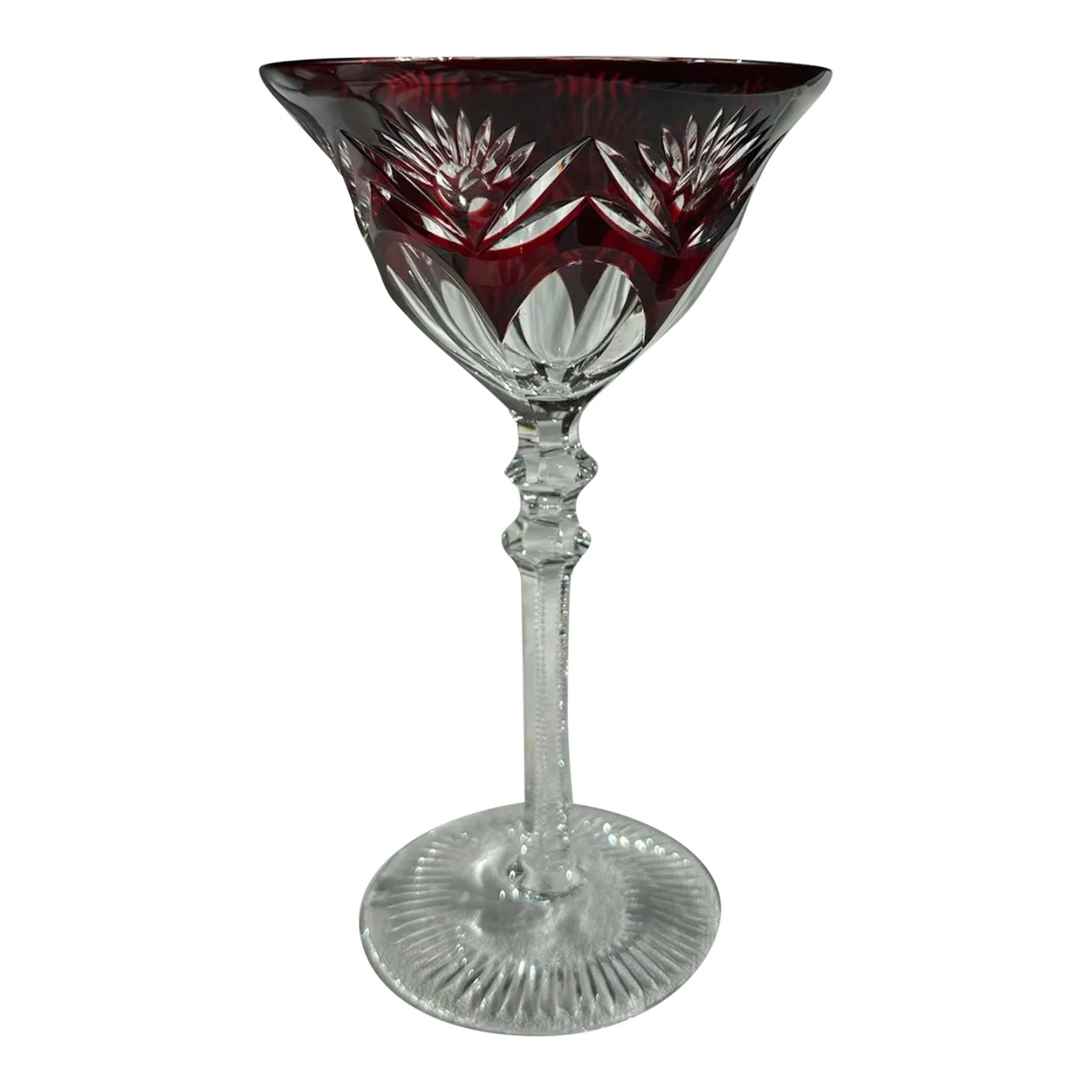 1960s Art Deco Ruby Red Cut to Clear Crystal Stemware Wine Glass | Chairish