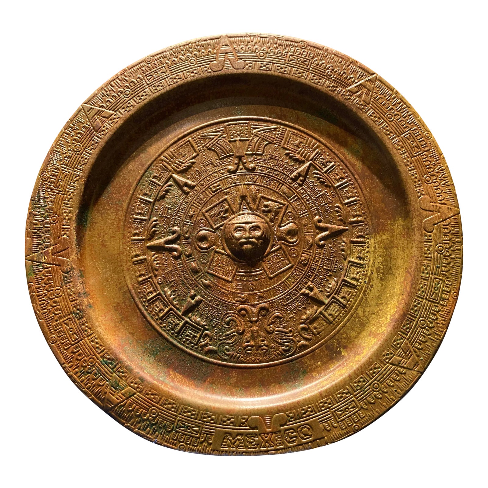 Vintage Hand-Hammered Brass Mayan Sun-God Calendar Mexico | Chairish