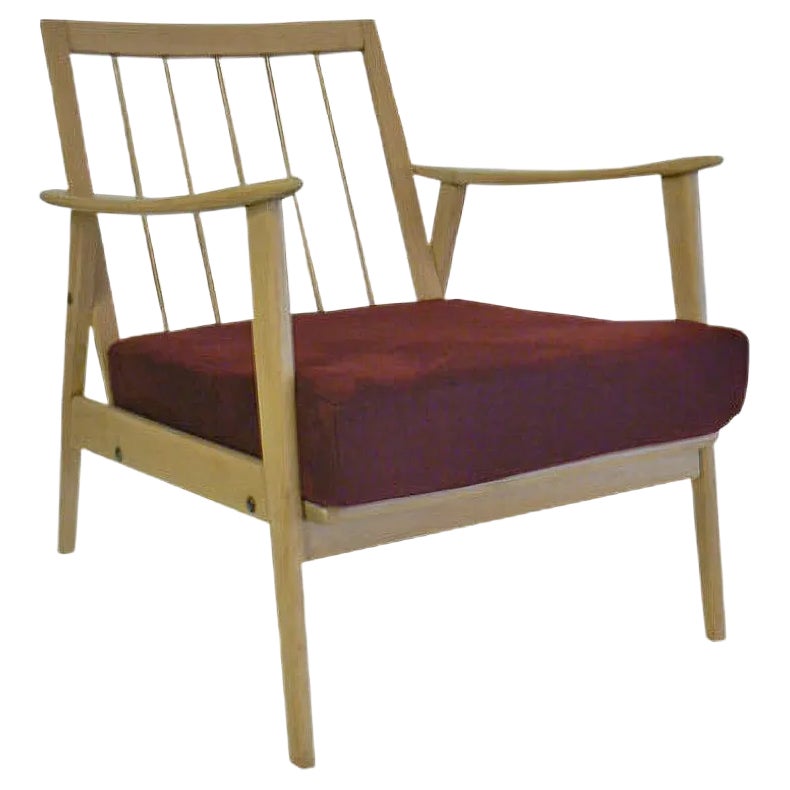 Vintage Beech & Red Fabric Easy Chair | Chairish