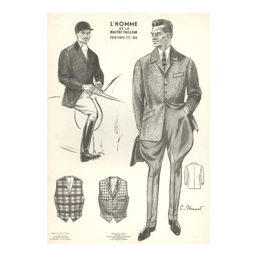 1960 French Mid-Century Men's Tailoring Fashion Lithograph for ...