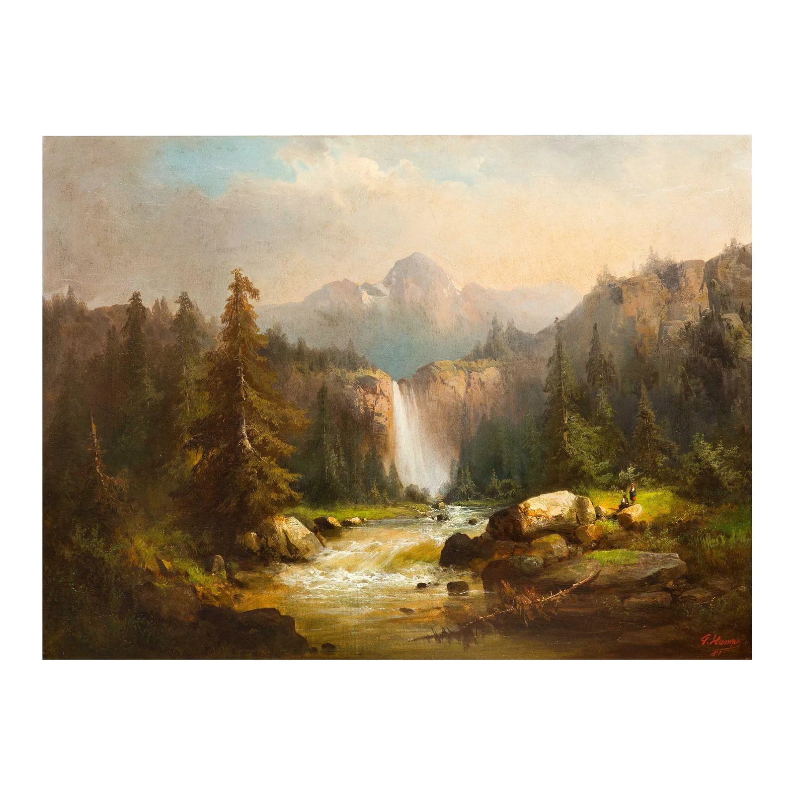 German Landscape Painting of Alpine Mountain Waterfall by Guido Hampe ...