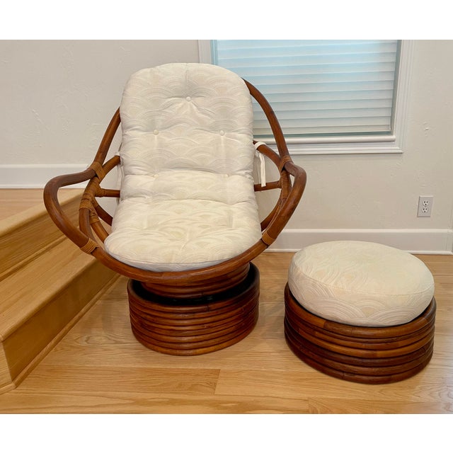 Vintage Boho Bamboo Rattan Swivel Rocking Chair and Ottoman | Chairish