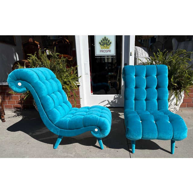 Pair of Mid Century Modern Tufted Turquoise Velvet Chairs | Chairish