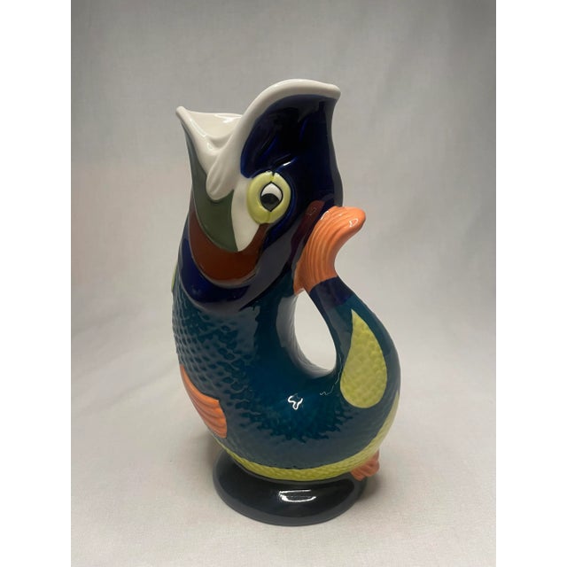 Late 20th Century Gluggle Fish Ceramic Pitcher in Teal, Orange and ...