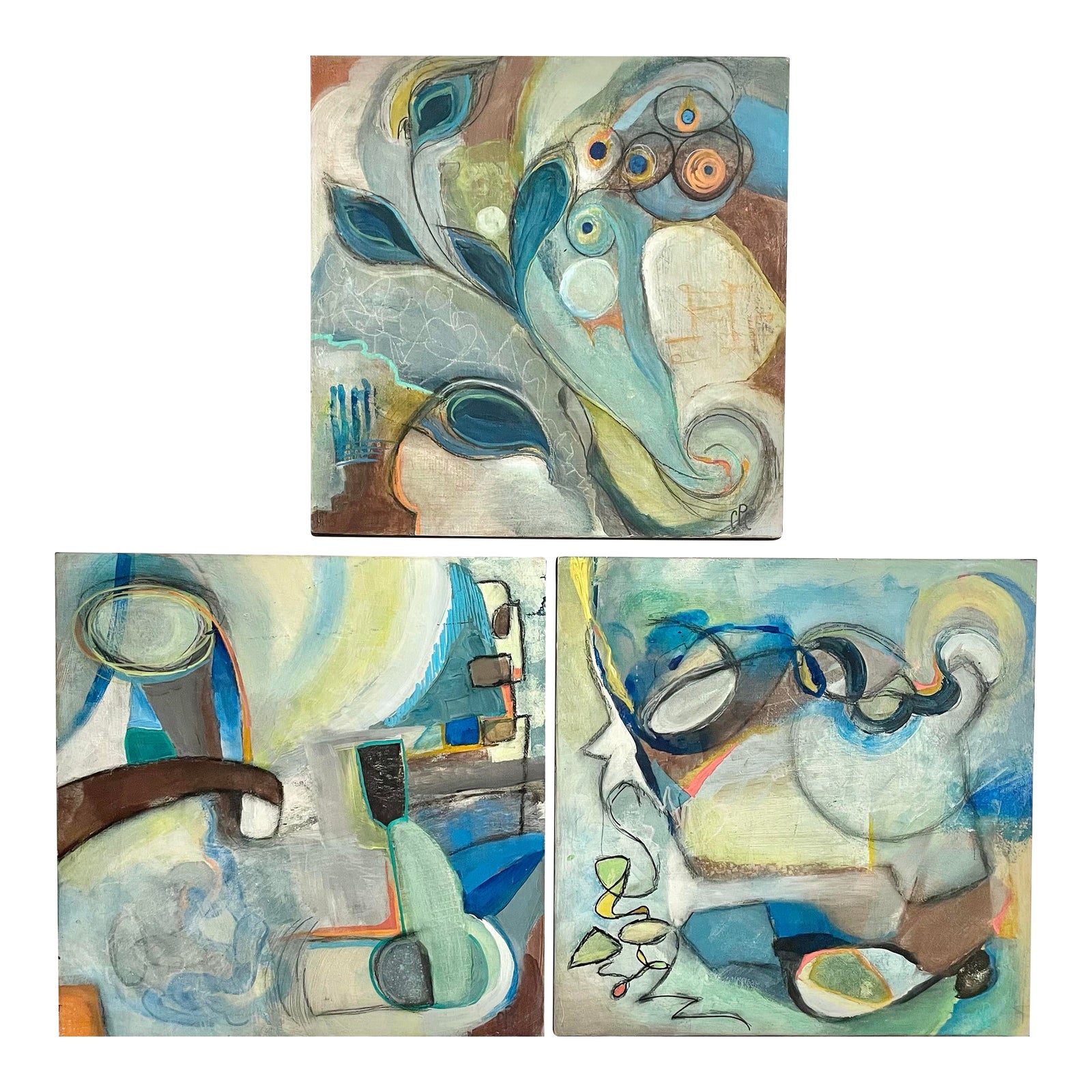 Original Abstract Triptych, Set of Three Paintings. | Chairish