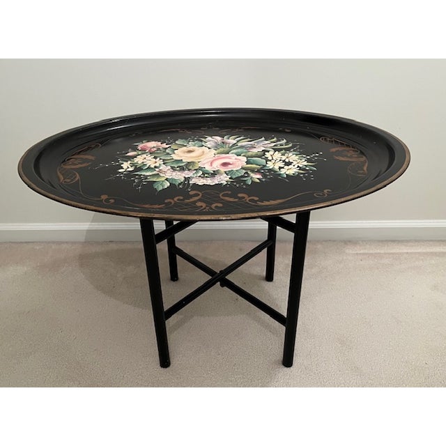 Mid 20th Century Pilgrim Art Hand Decorated Oval Tole Tray With Stand ...