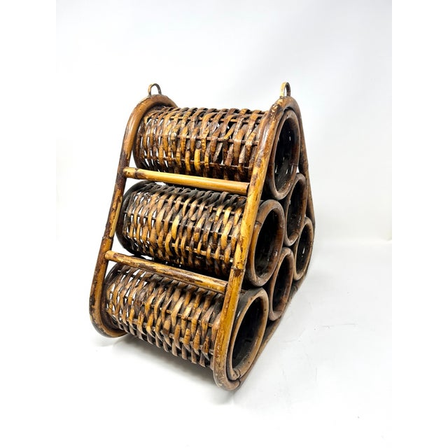 Vintage Mid-Century Boho 6 Bottle Rattan Wine Rack | Chairish
