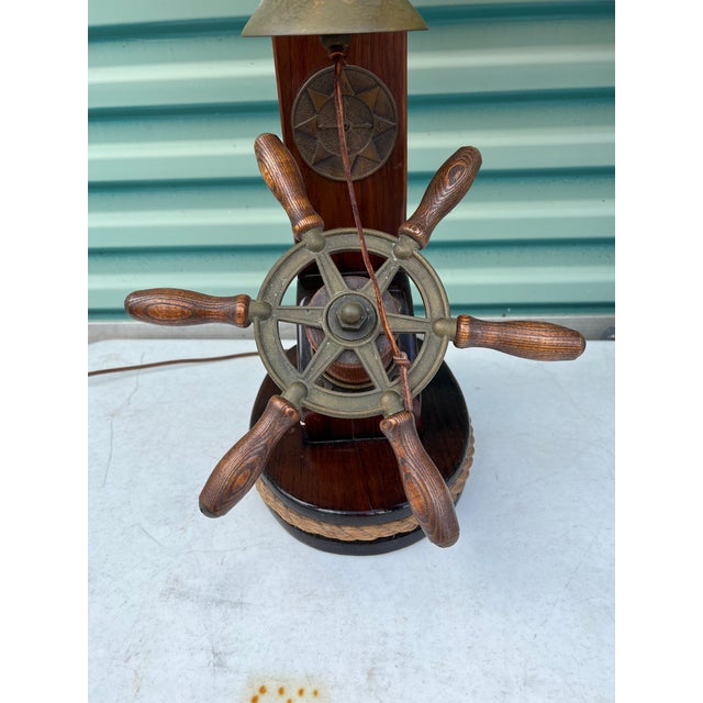 Mid-Century Nautical Ship Wheel and Bell Lamp, Signed With Whaling Bark ...