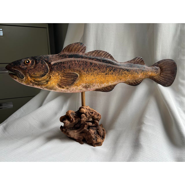 Vintage Hand Carved and Painted Wooden Fish Mounted on Driftwood | Chairish