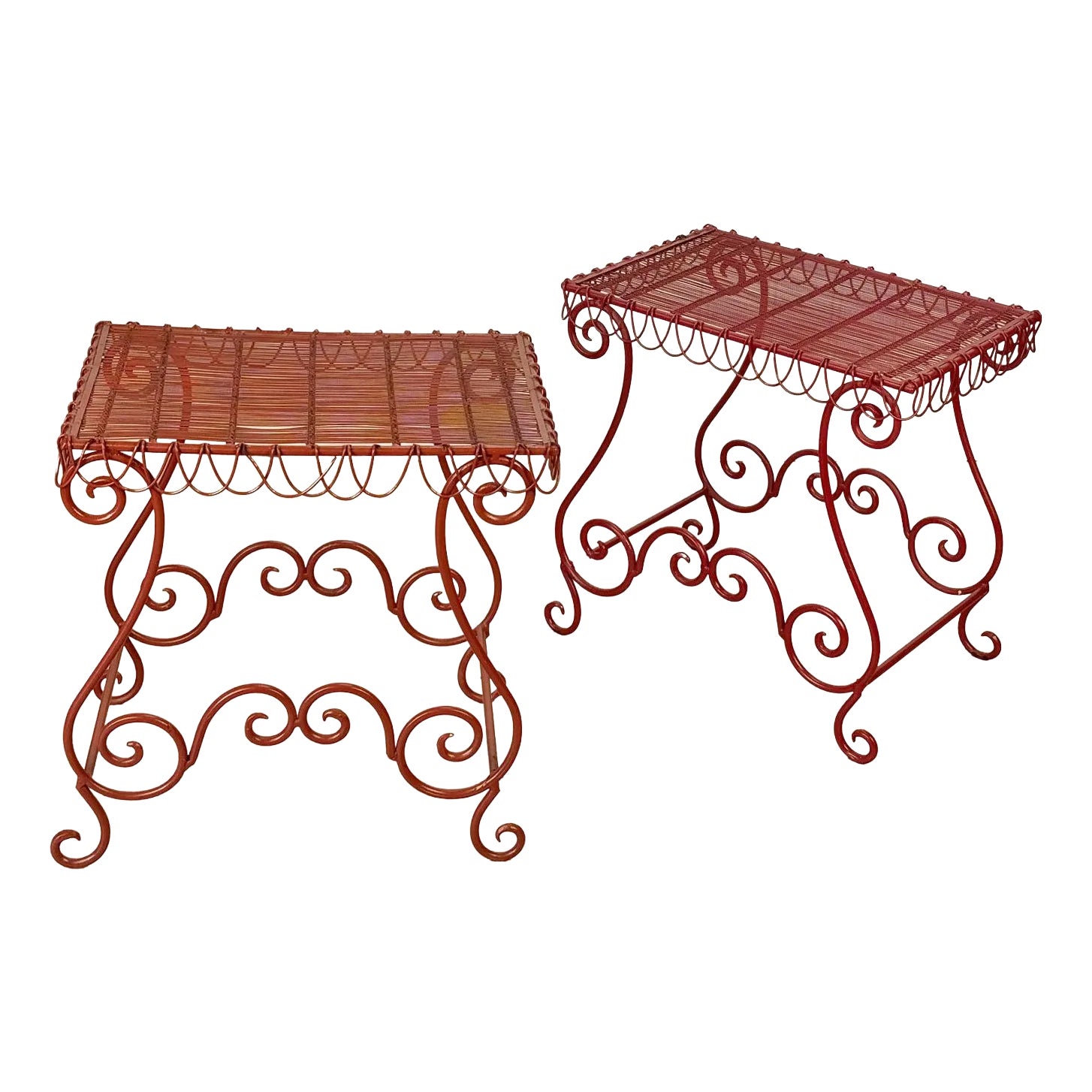 Vintage Whimsical Magenta Wrought Iron Garden Patio Side Tables - A ...
