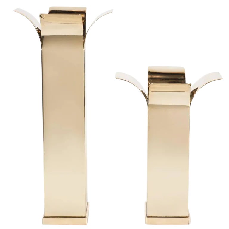Mid-Century Modernist Polished Brass Candlesticks with Curved Detailing ...