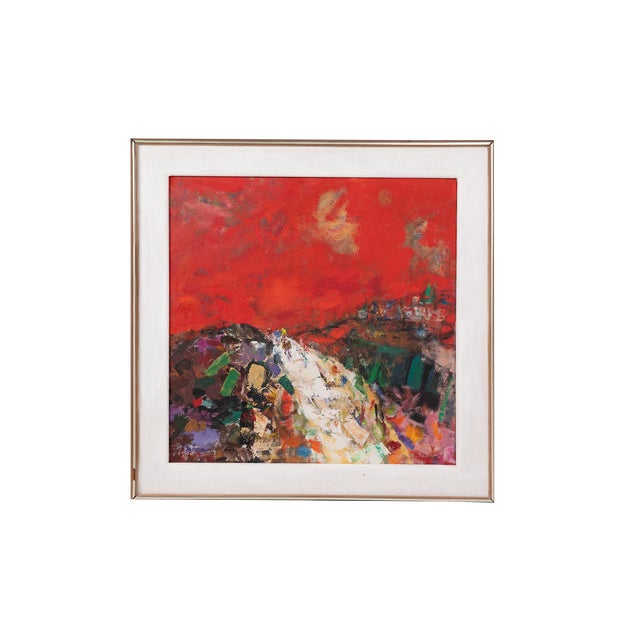 Expressionist Eleanor Coen Red Landscape With Cyclists Painting | Chairish