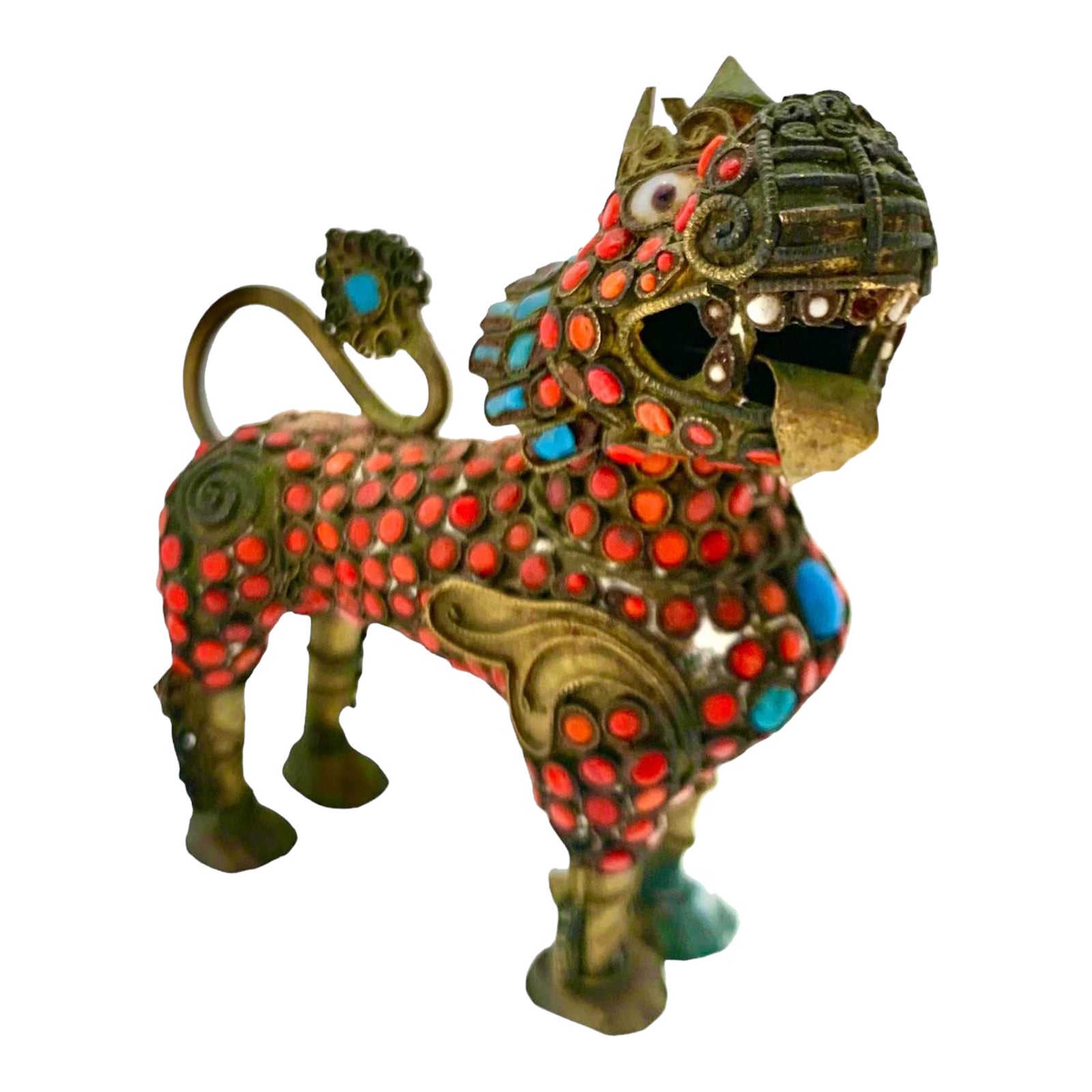 Vintage Early 20th Century Oriental Brass and Gemstone Small Foo Dog ...