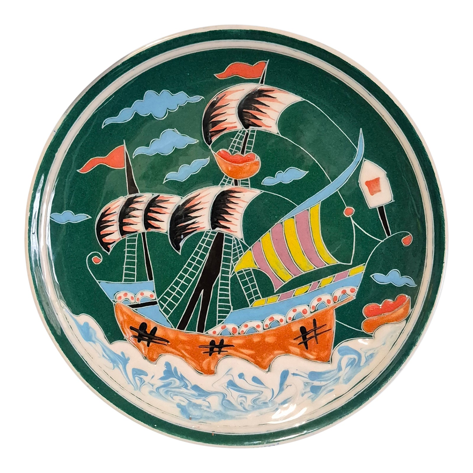Vintage Turkish Colorful Majolica Sailing Galleon Ship Wall Plate ...